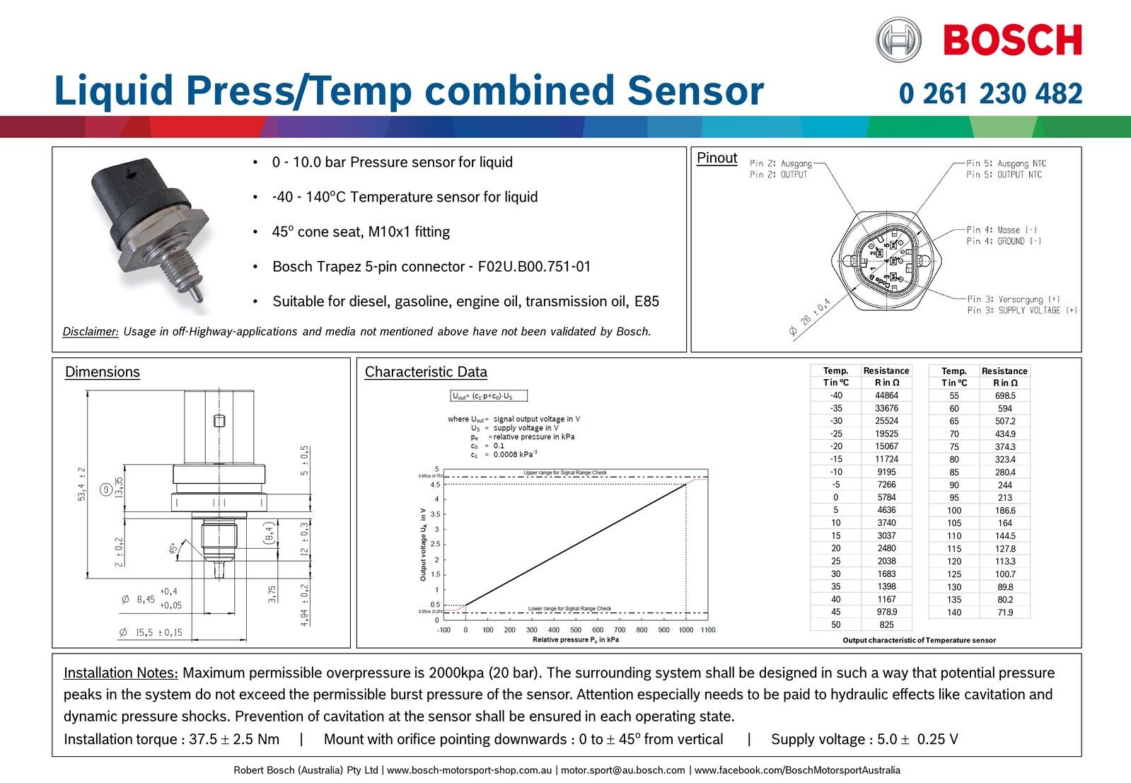 0 261 230 482 Bosch Combined Liquid pressure & temp sensor, 10bar, 140 C, Bosch 482 sensor.